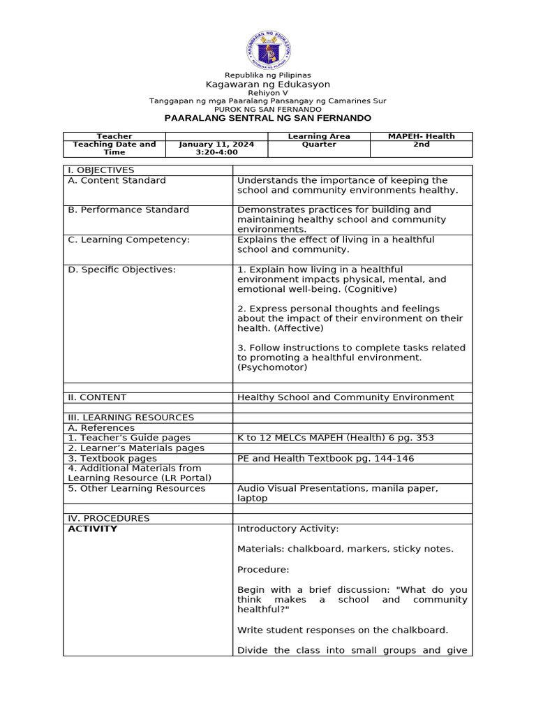 Sample Lesson Plan For Cot 2 - Health 6 | PDF
