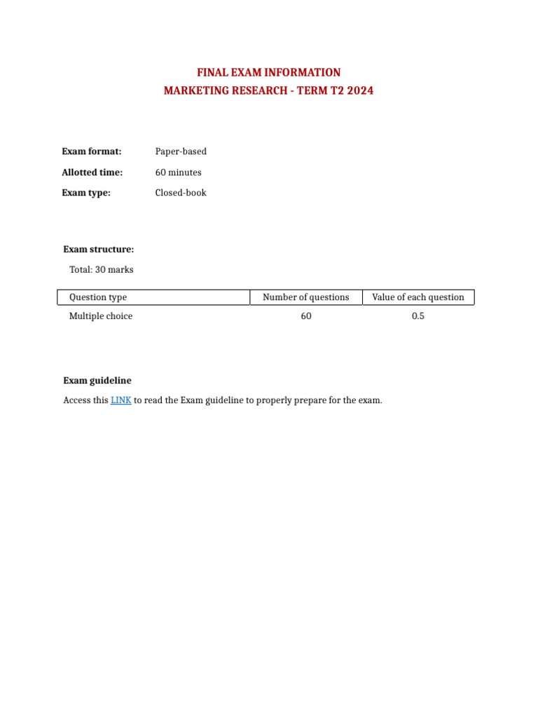 Marketing Research - Final Exam Information - T2 2024 | PDF