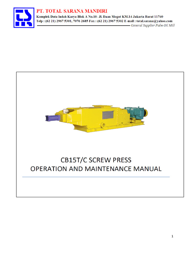 Cb15t Screw Press Operation and Maintenance Manual | PDF | Belt (Mechanical) | Screw