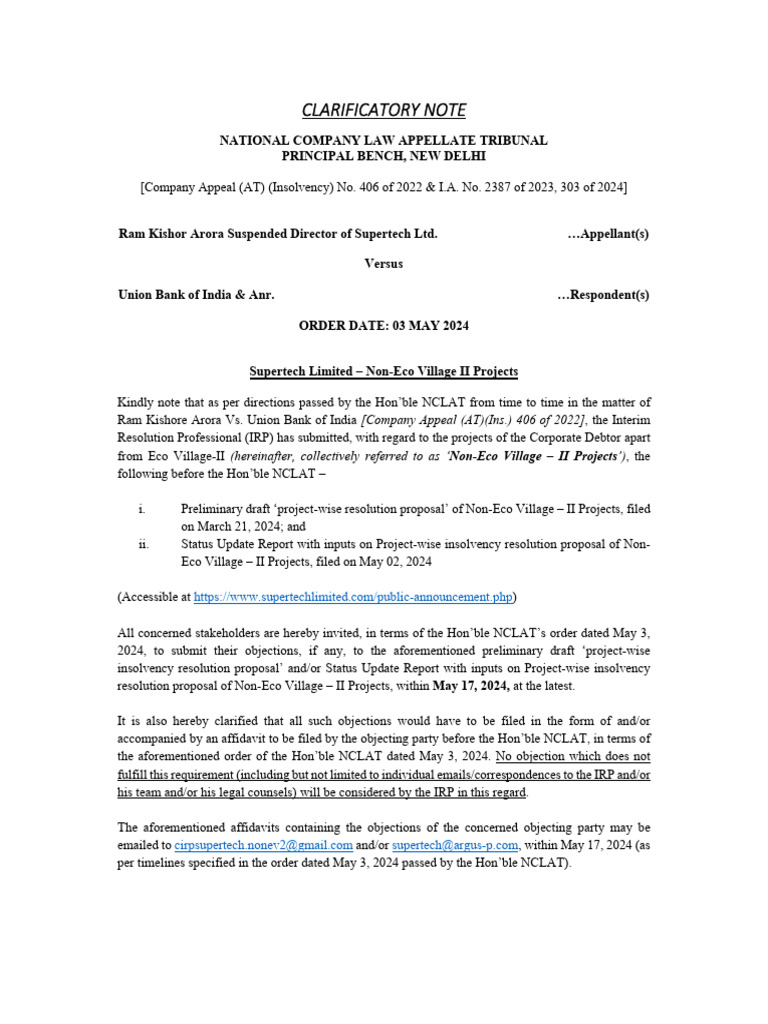 CLARIFICATORY NOTE NCLAT Order Dated 03may24 | PDF