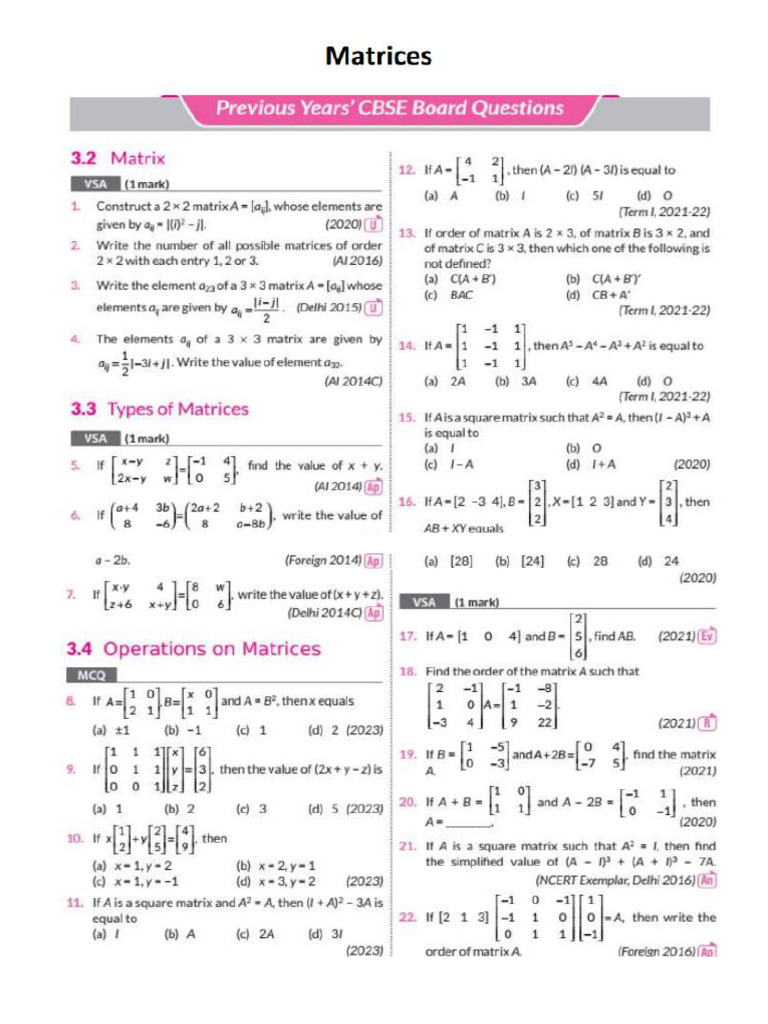 CH - 3 Matrices Assignment | PDF