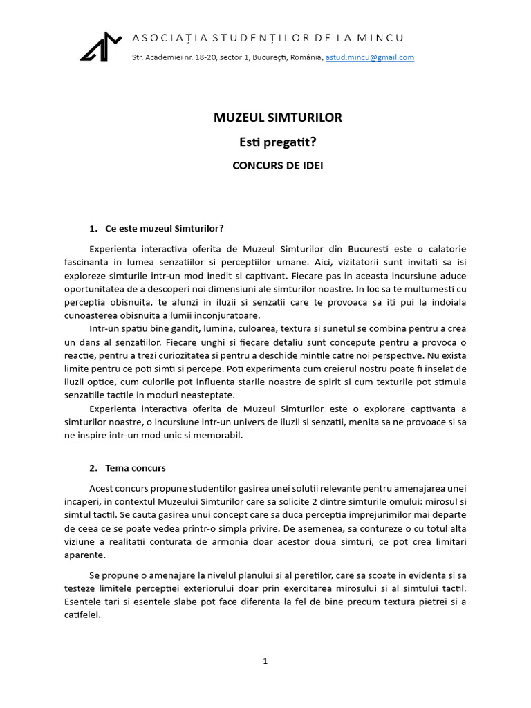 Tema Concurs Muzeul Simturilor | PDF