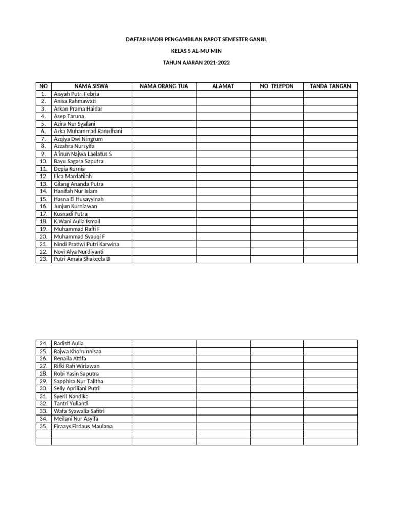 Daftar Hadir Pengambilan Rapot Semester Ganjil | PDF
