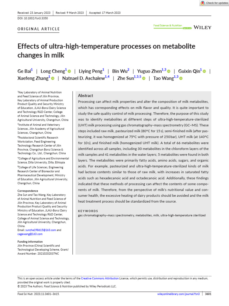 Food Science Nutrition - 2023 - Bai - Effects of Ultra High Temperature Processes On Metabolite ...