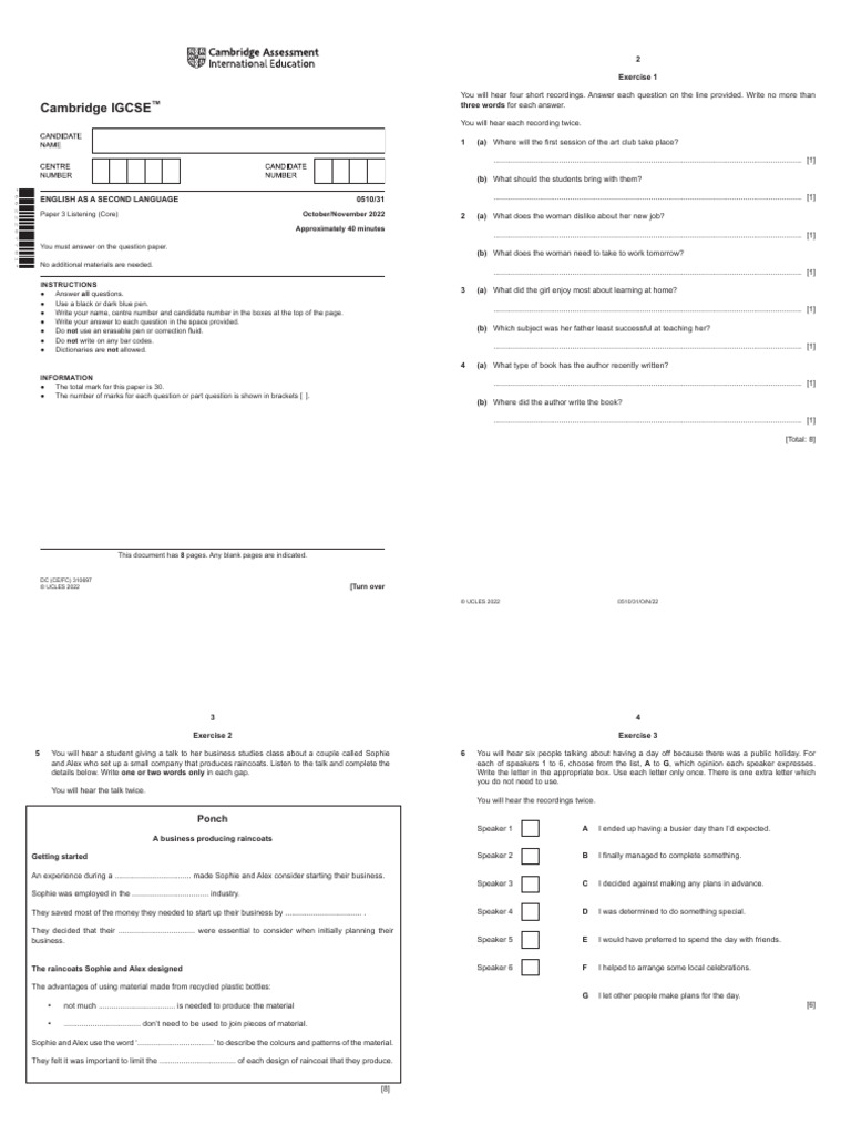 IGCSE Cambridge International English As A Second Language 0510 - 31 ...