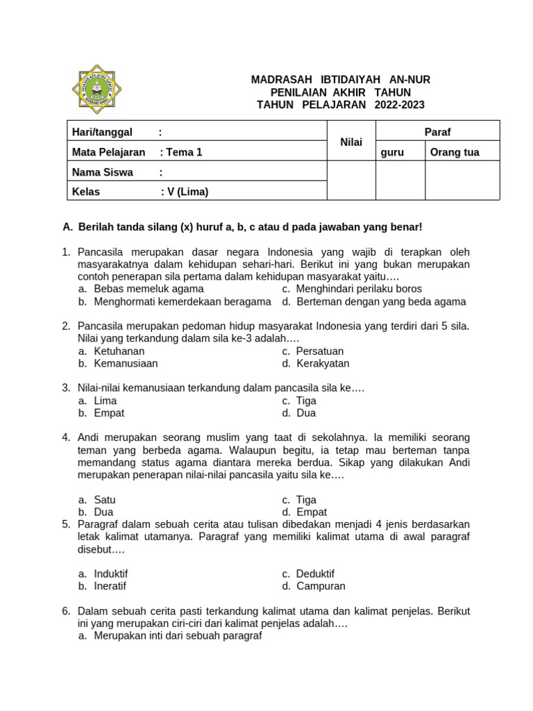 Soal PAS Ganjil Mapel Tema 1 | PDF