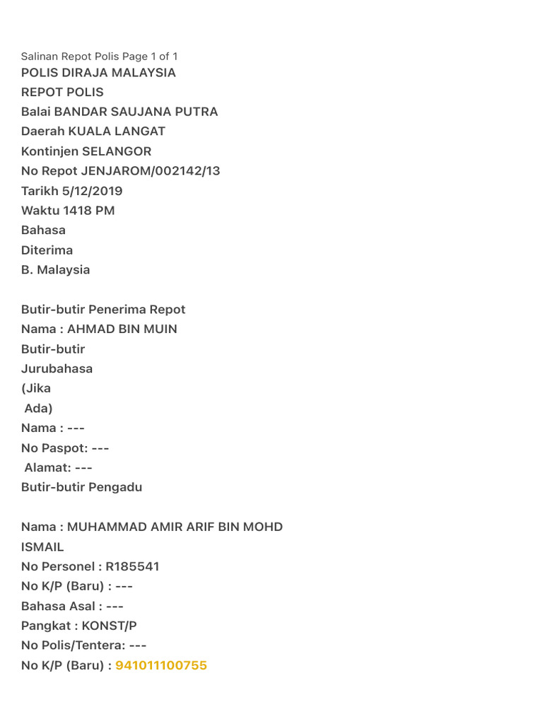 Salinan Repot Polis Page 1 of 1 | PDF