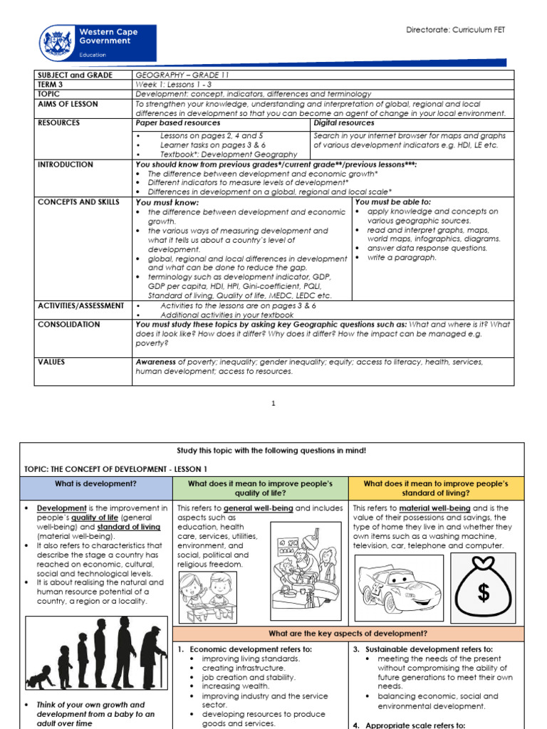 GRADE 11 T3 GEOGRAPHY LESSONS 1-3 (W1) Development | PDF