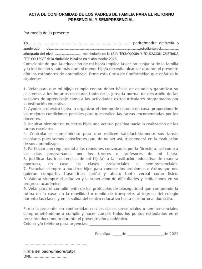 Acta de Conformidad de Los Padres de Familia para El Retorno Presencial ...