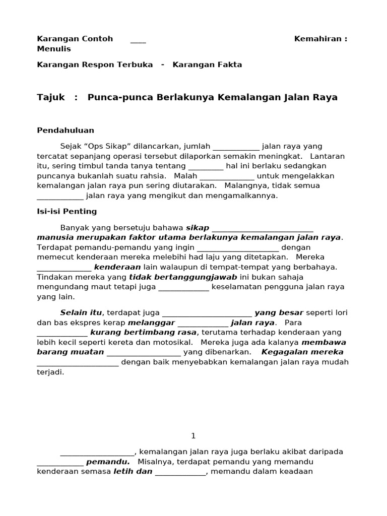 Karangan Contoh - Punca Kemalangan Jalan Raya | PDF
