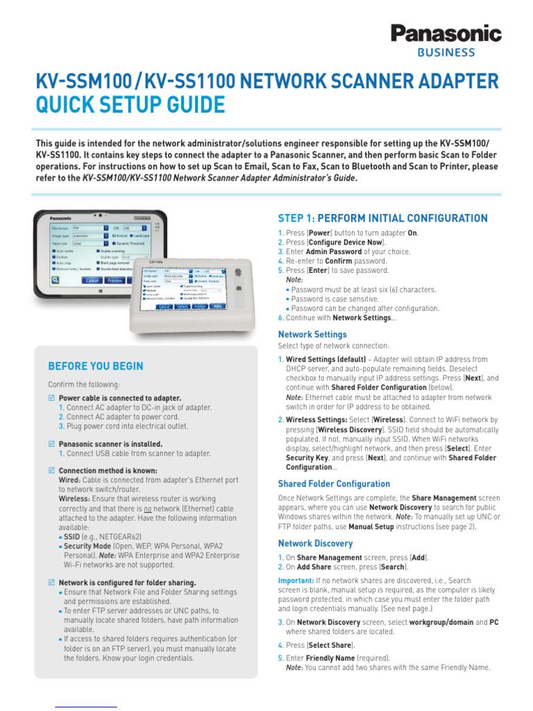 KV-SSM100 - KV-SS1100 - Quick Setup Guide | PDF