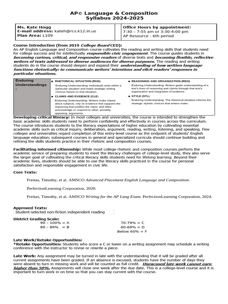 AP Lang & Comp Syllabus 2024-2025 | PDF | Rhetoric | Argument