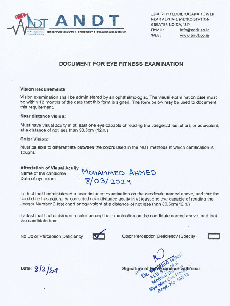 ANDT Eye Test Certificate | PDF