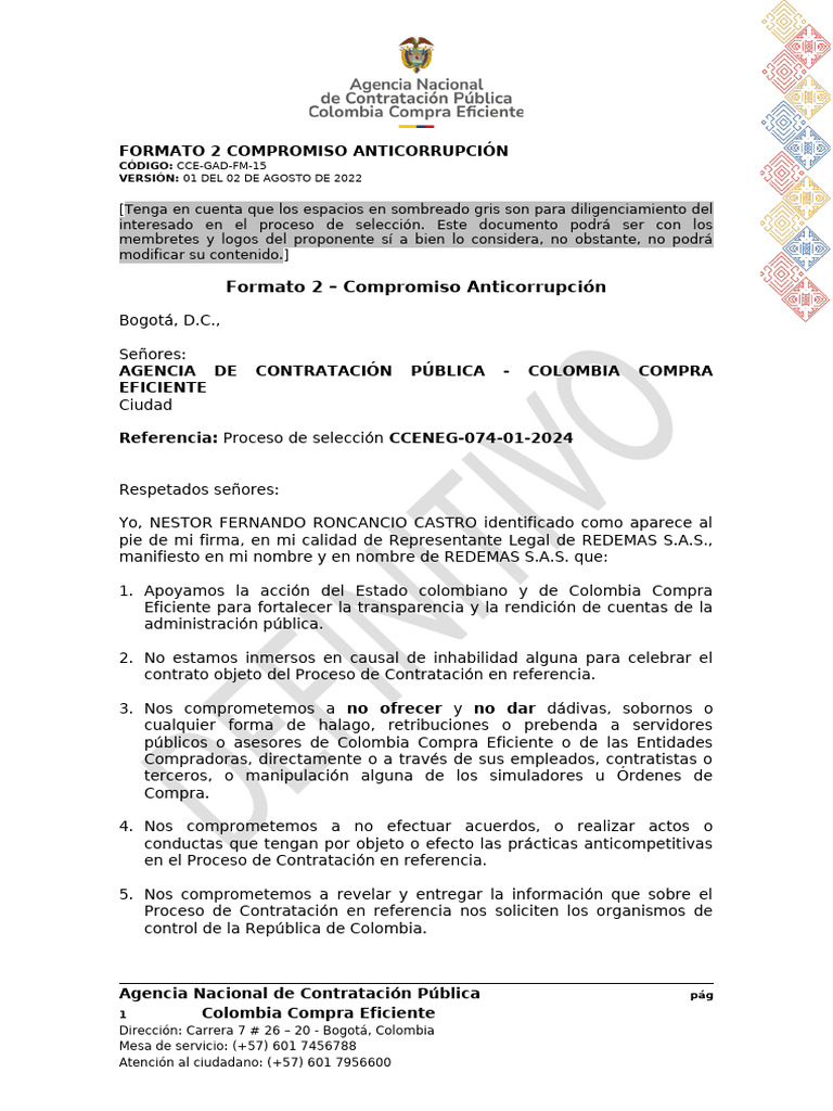 Formato 2 Compromiso Anticorrupción Definitivo Pdf