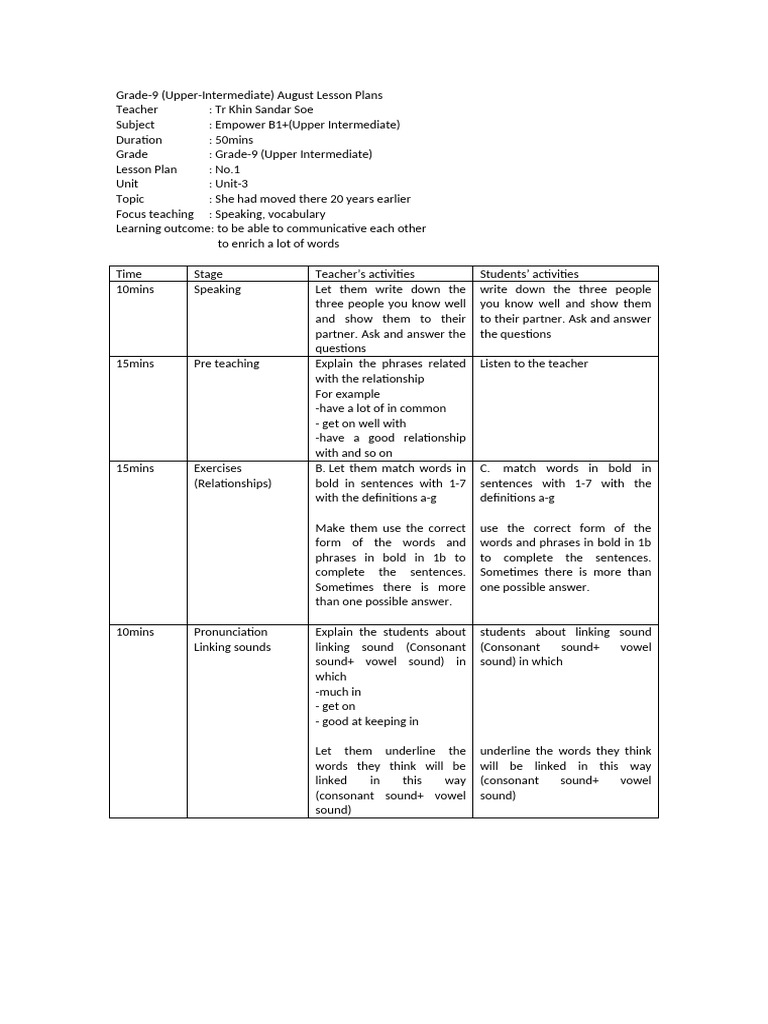 G9 August Lesson Plan 2024 | PDF