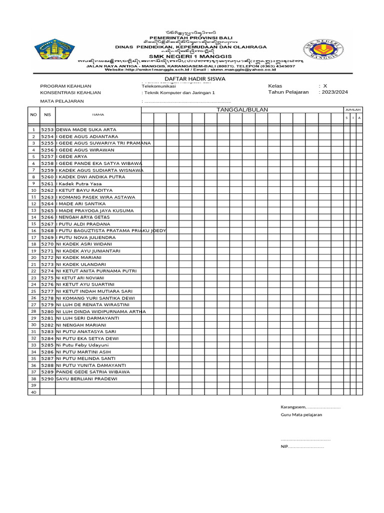 Daftar Hadir Guru Kelas X 2023 2024 Ganjil Pdf