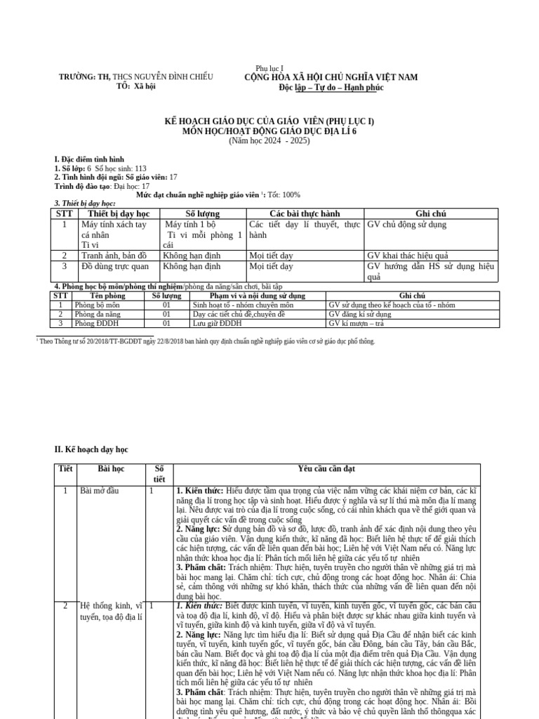 Ke Hoach Giao Duc Mon Dia Li 6 Sach Ket Noi Tri Thuc Voi Cuoc Song | PDF