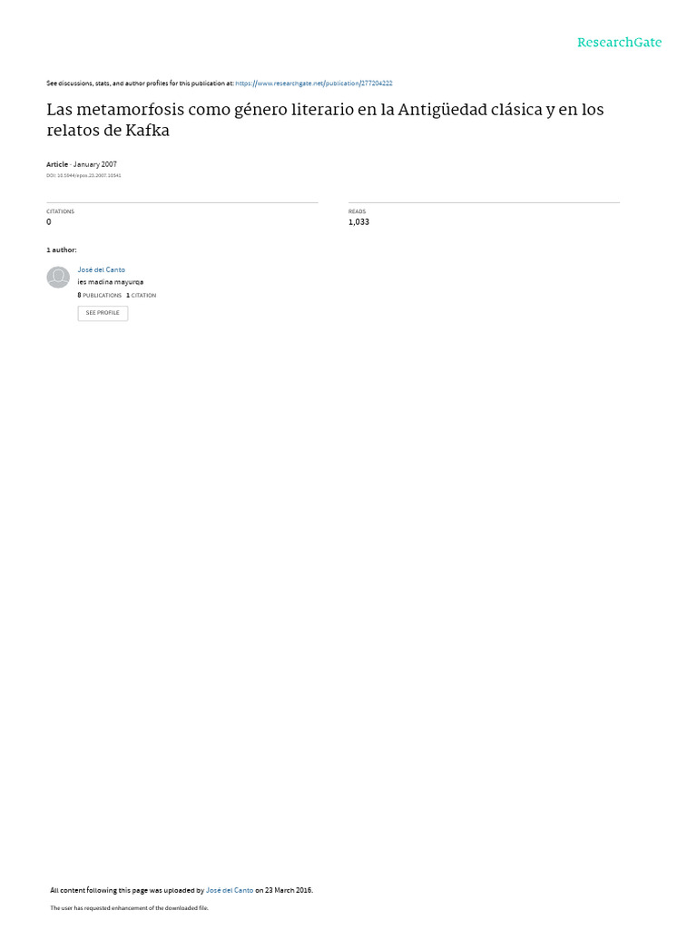 Las Metamorfosis Como Genero Literario en La Antig | PDF | Franz Kafka | La metamorfosis