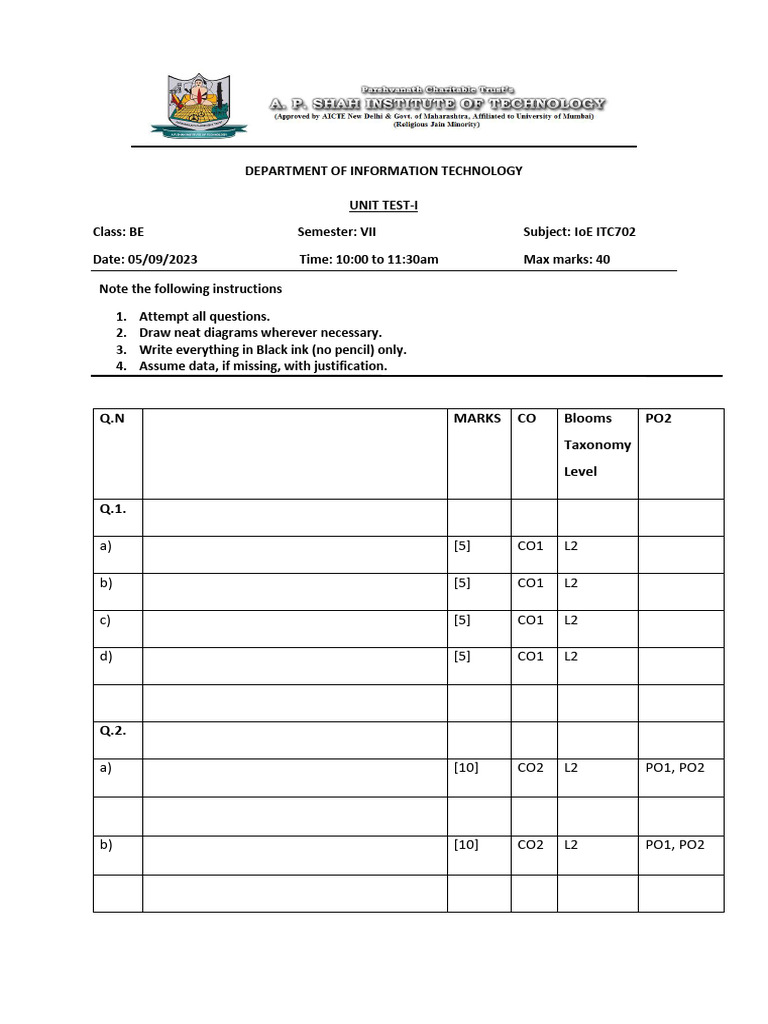 IoT Unit Test-I Question Paper | PDF | Teaching Methods & Materials ...