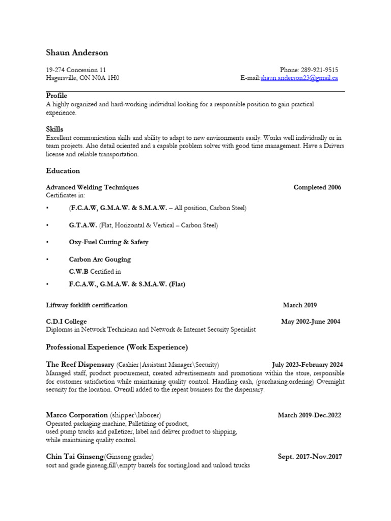 Shaun Anderson Can Resume | PDF | Welding | Construction