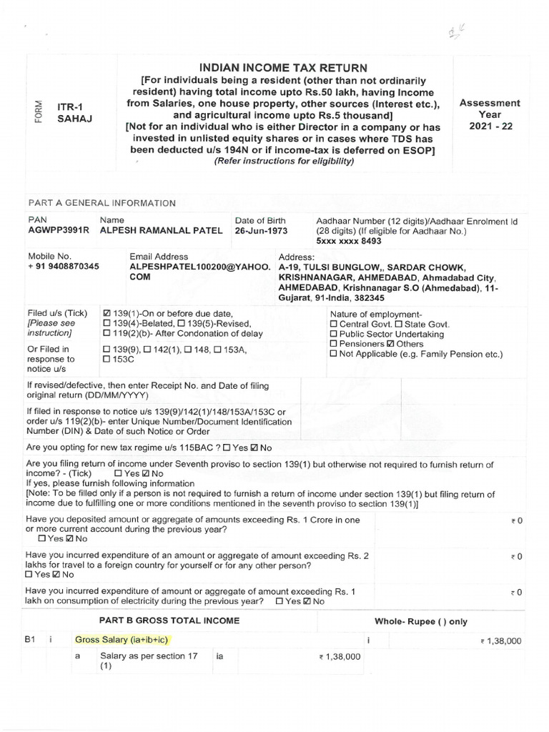 Itr-1 (Sahaj) Form Format | PDF