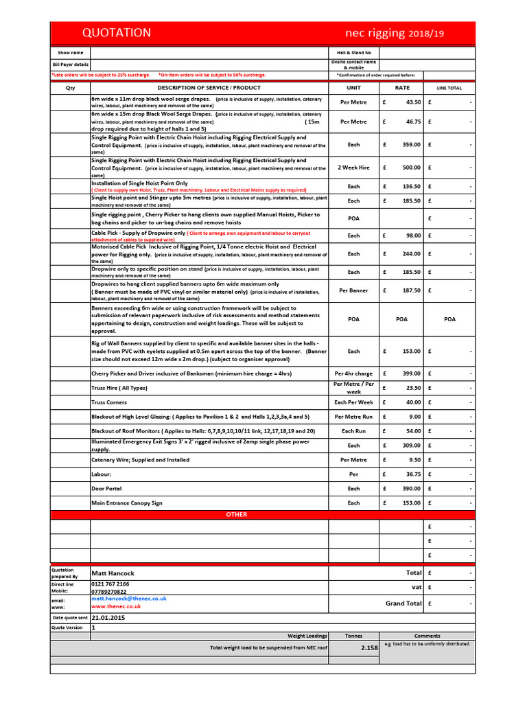 Rigging 2018 19 Tariff Quote Sheet | PDF