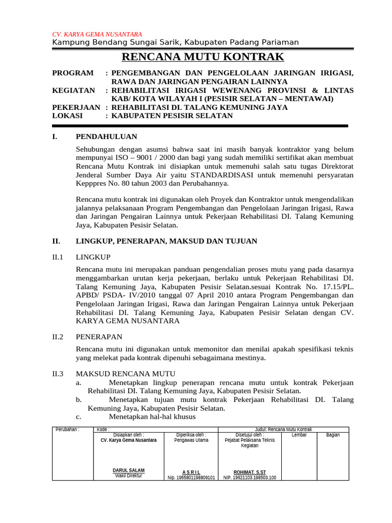 Rencana Mutu Kontrak: Cv. Karya Gema Nusantara | PDF