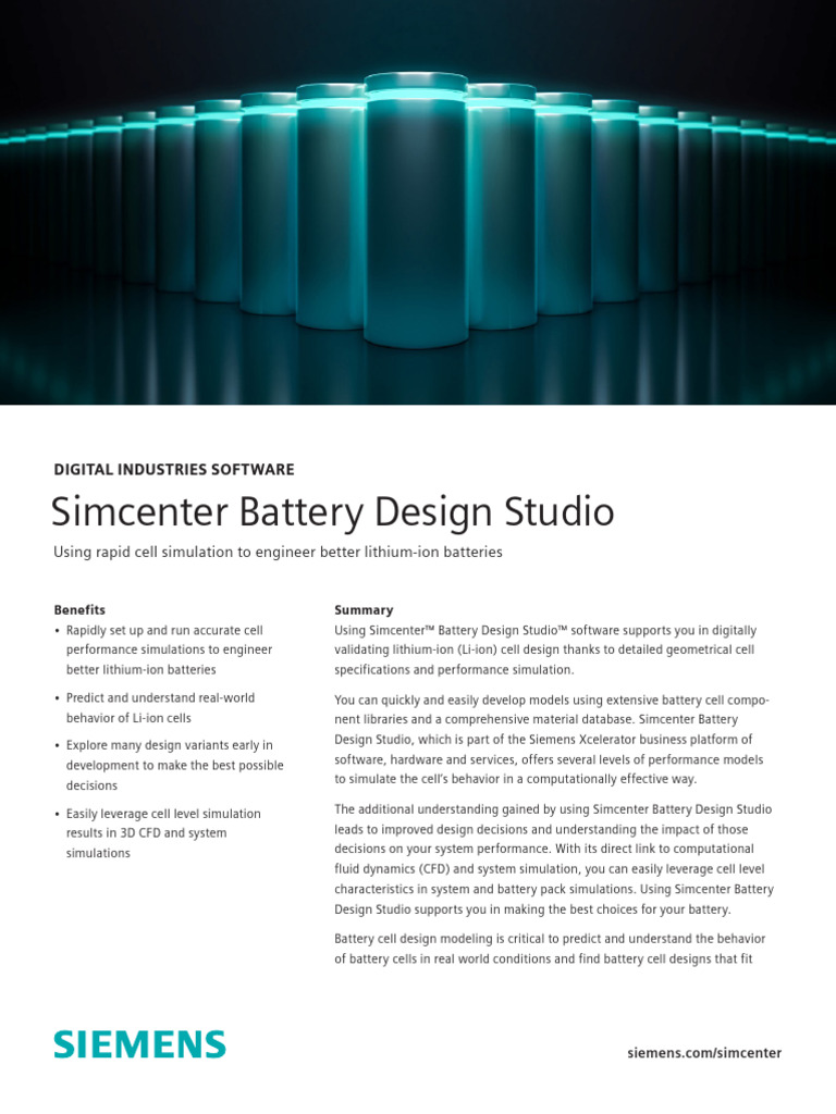 Siemens SW Simcenter Battery Design Studio Fact Sheet | PDF