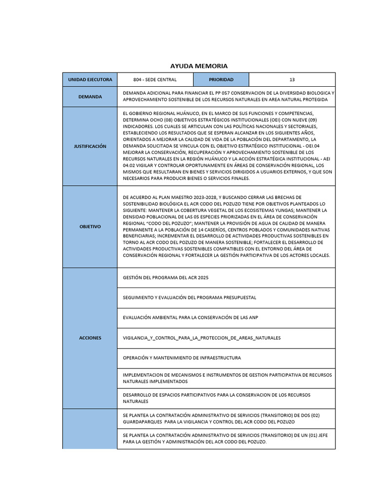 MODELO DE AYUDA MEMORIA - Demanda Adicional 2025 ACR Codo Del Pozuzo | PDF
