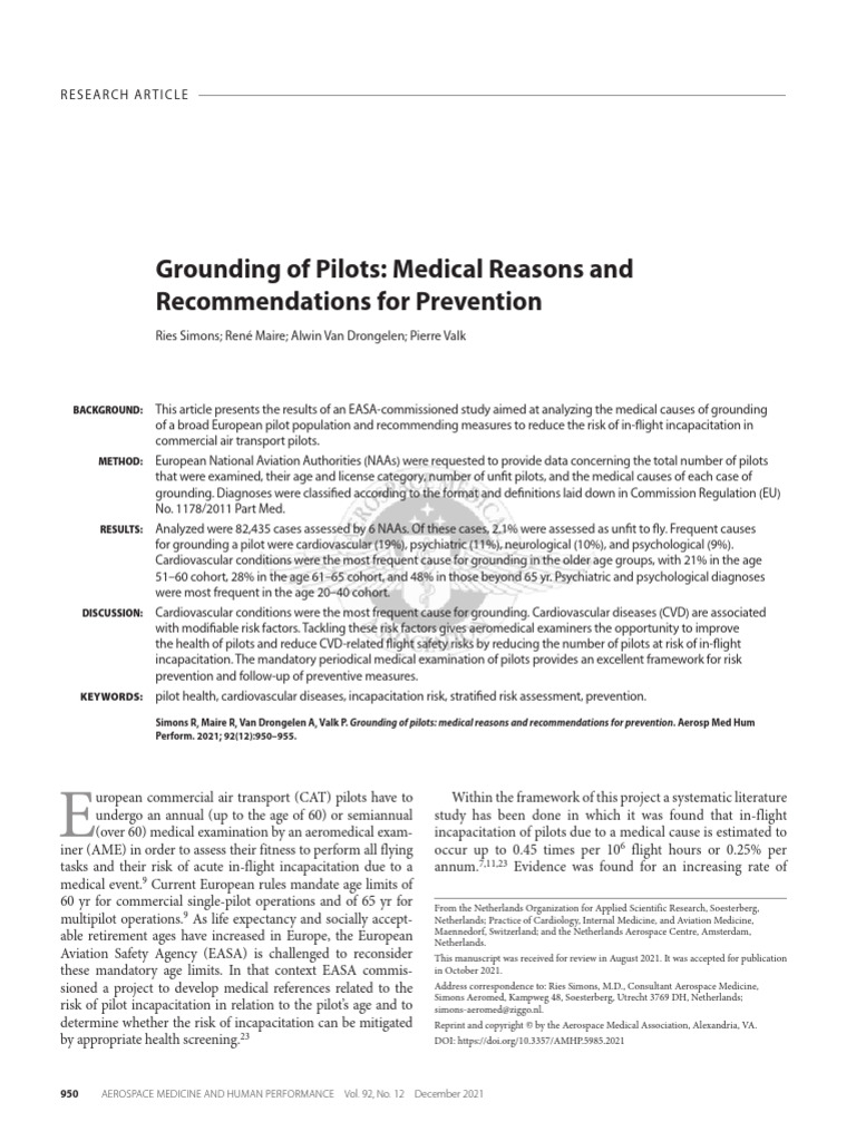 Grounding of Pilots: Medical Reasons and Recommendations For Prevention ...