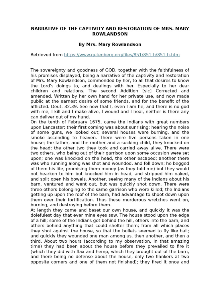 Narrative of The Captivity and Restoration of Mrs | PDF