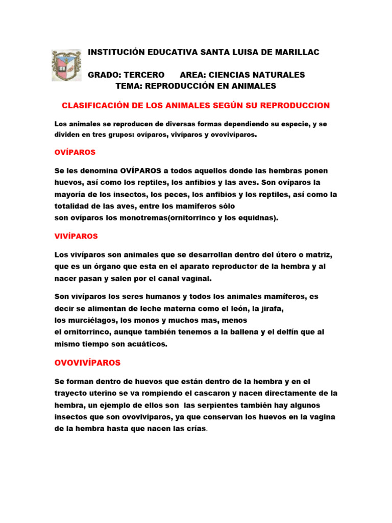 P2 Naturales Clasificacion de Los Animales Segun Reproduccion | PDF