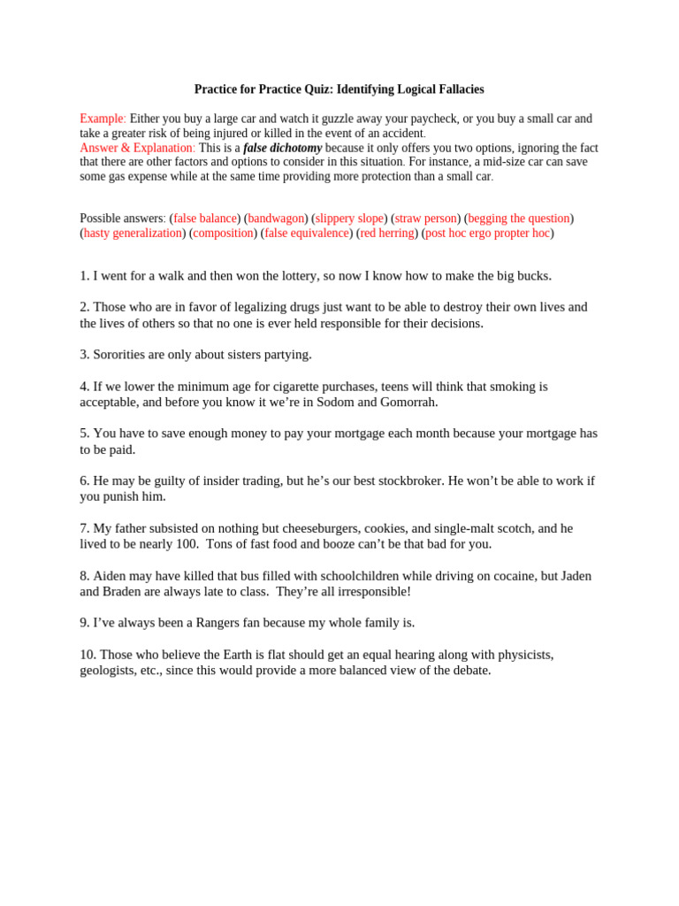 Practice For ... Practice Identifying Logical Fallacies | PDF Practice For ... Practice Identifying Logical Fallacies | PDF