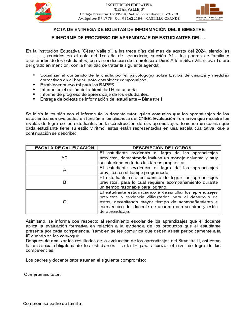 Acta de Entrega de Boleta Informativa 2024 | PDF