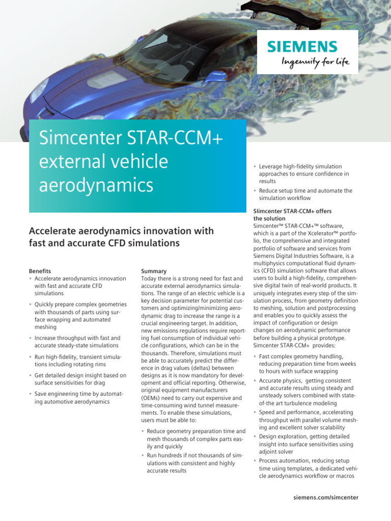 Siemens SW Simcenter STAR CCM+ External Vehicle Aerodynamics Fact Sheet | PDF