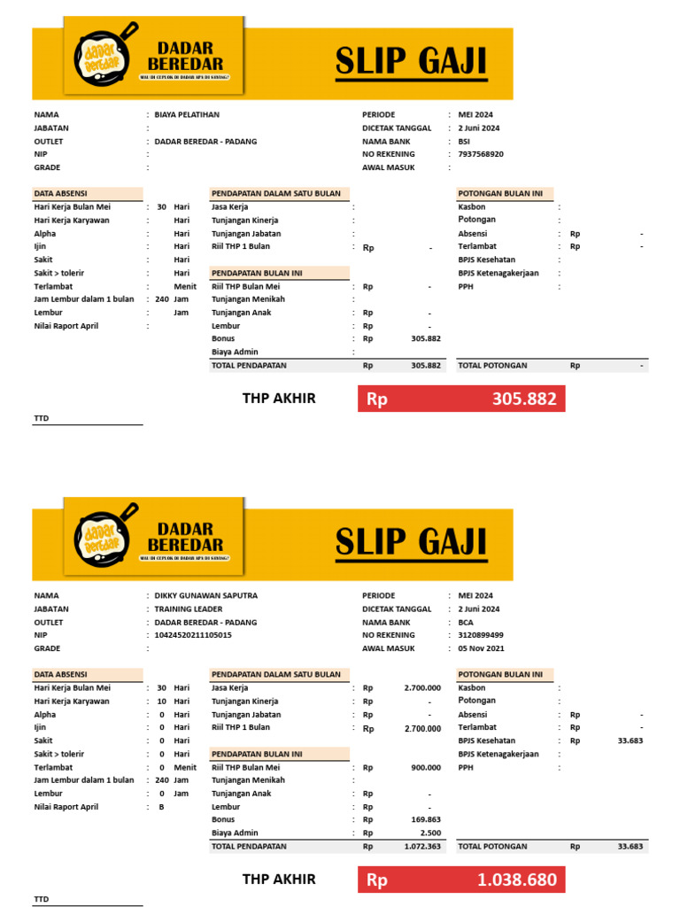 DDR Padang - Mei 2024 - Slip Gaji | PDF