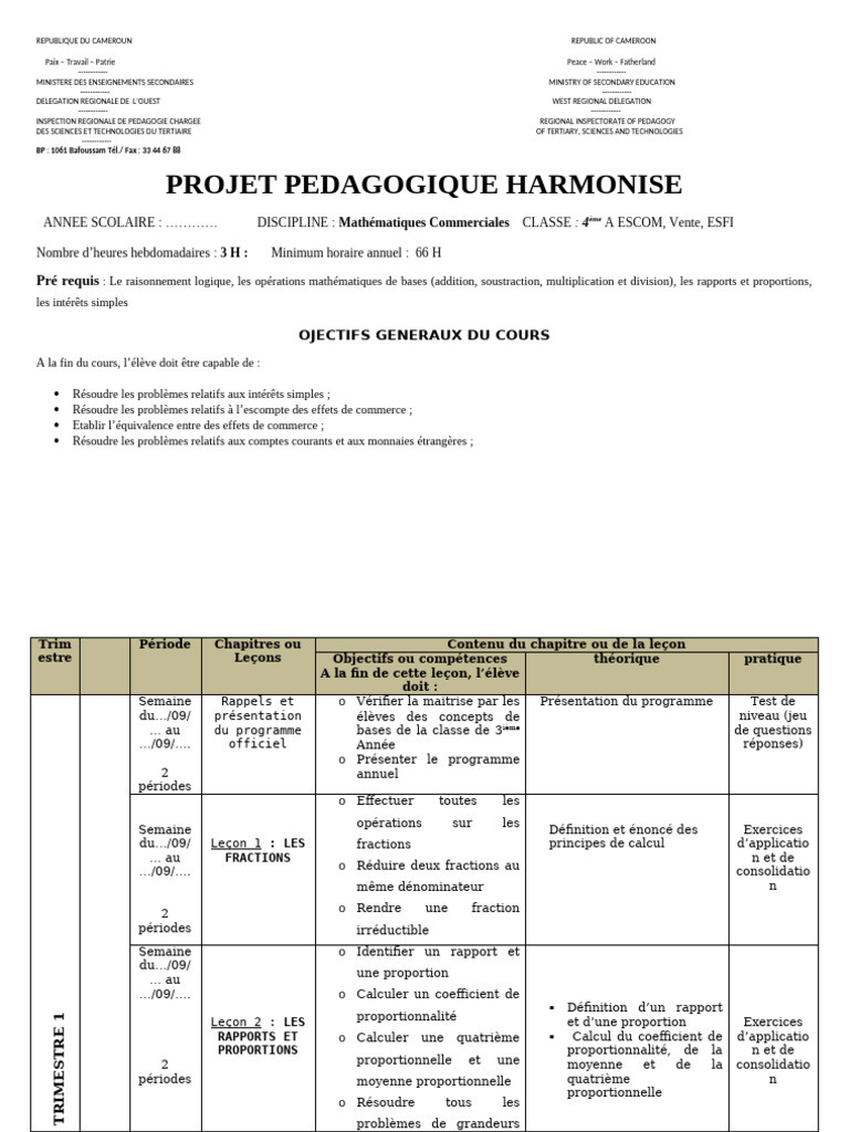 4e A Escom - Maths Com - Fiche Progression Harmonisee Ouest - 2020-2021 | PDF