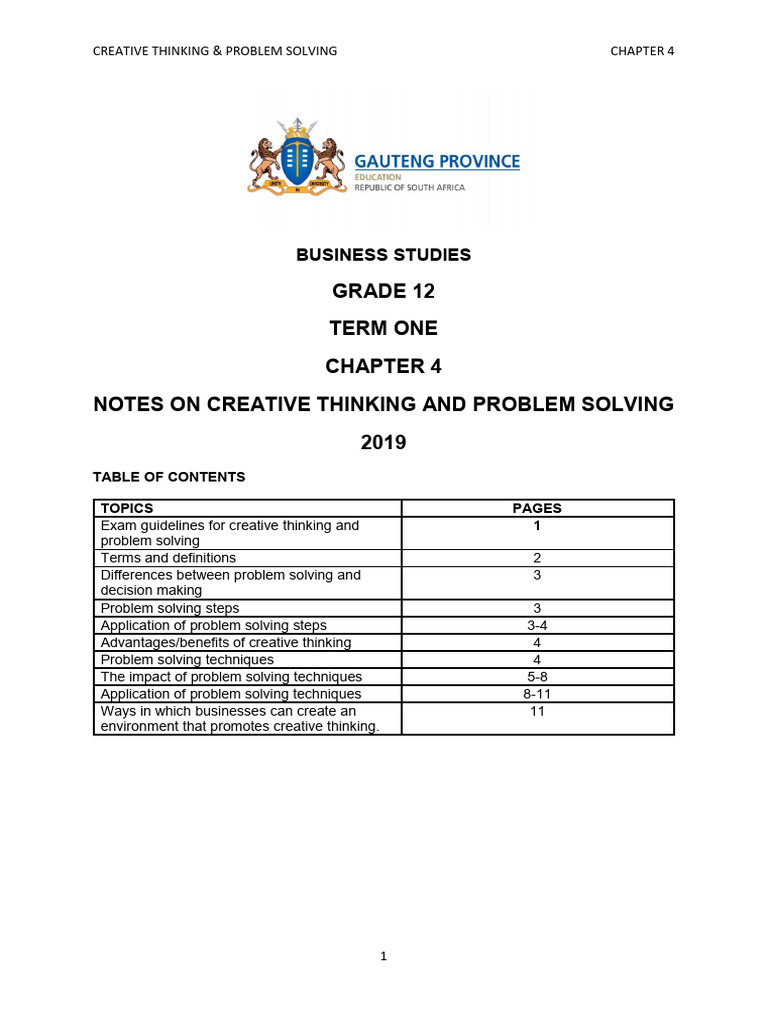 Business Studies Grade 12 Notes On Creative Thinking Problem Solving | PDF