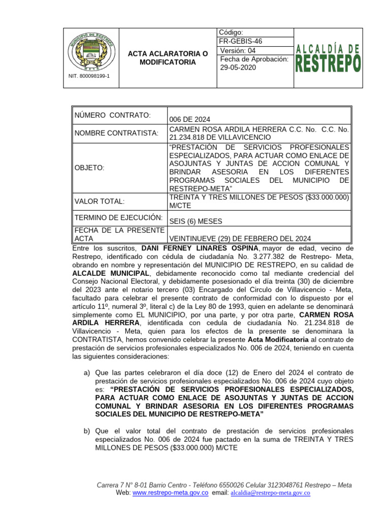 Acta Aclaratoria Cto 006-2024 Carmen Rosa | PDF