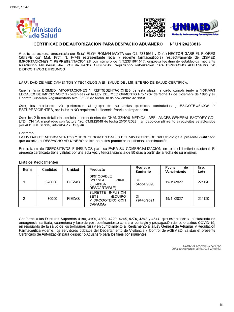Certificado Aprobado Jeringa 20ML y Microgotero3034350088901881831 | PDF