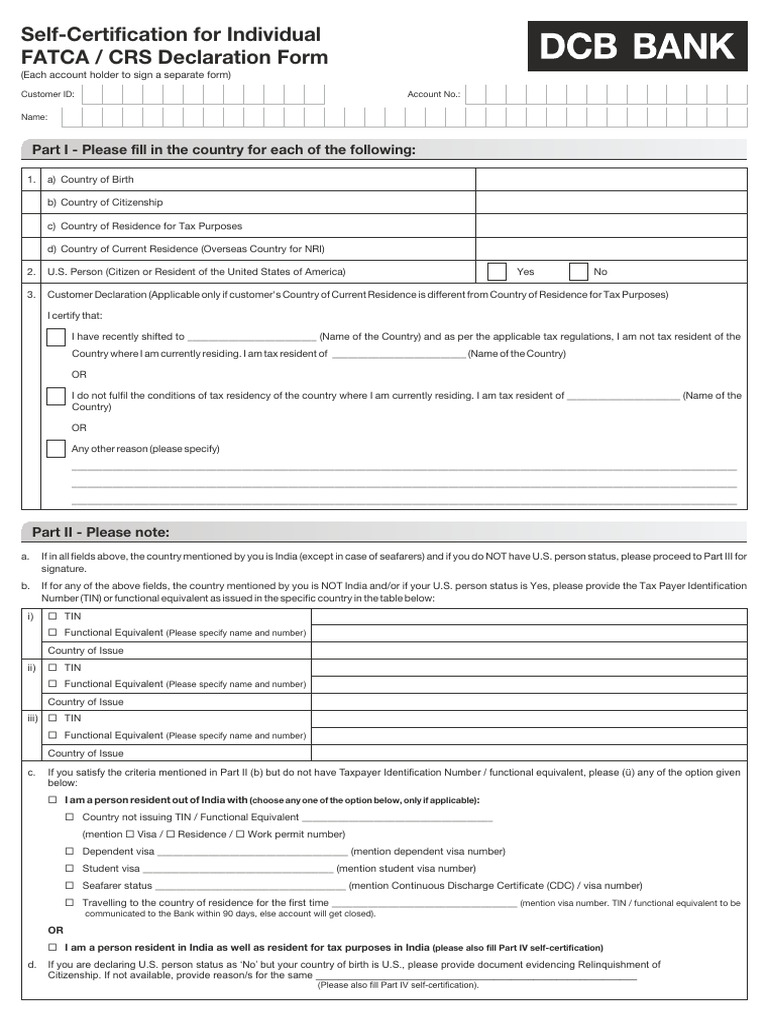 FATCA/CRS Self-Certification Form | PDF | Identity Document | Taxes