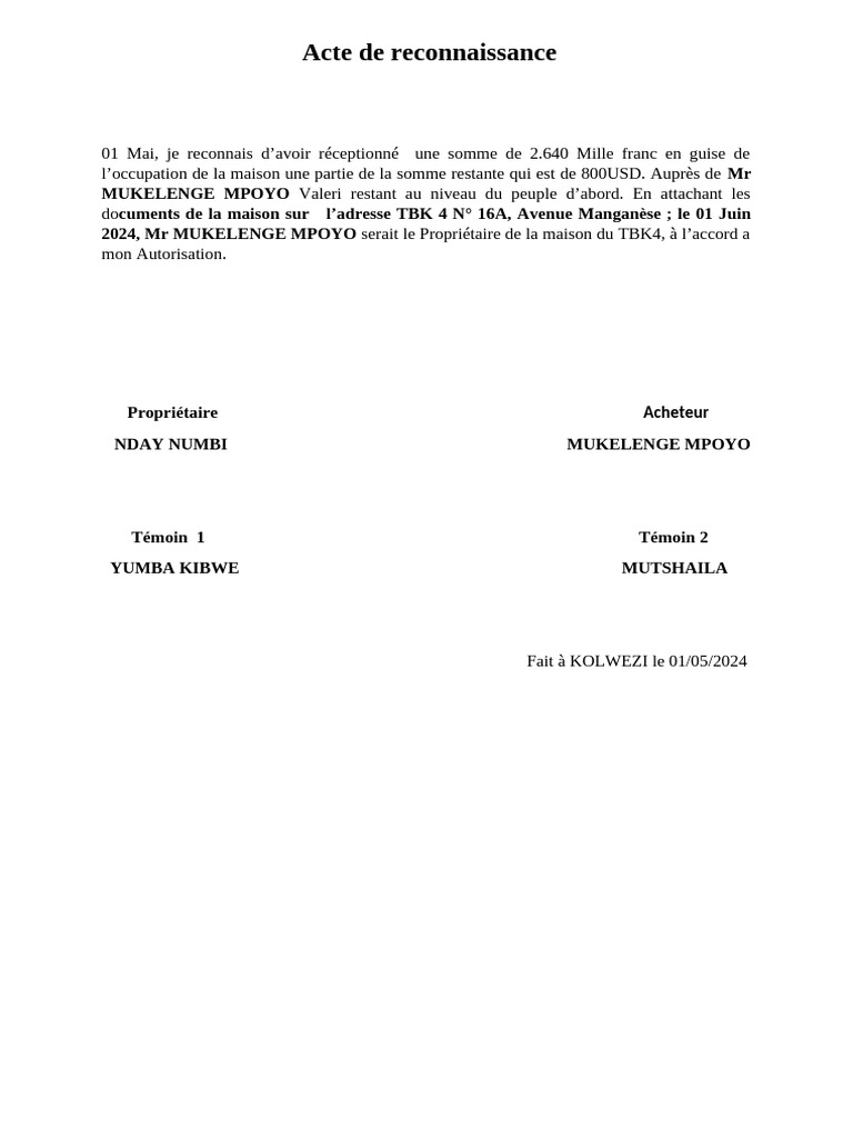 Acte de Reconnaissance 20000 | PDF