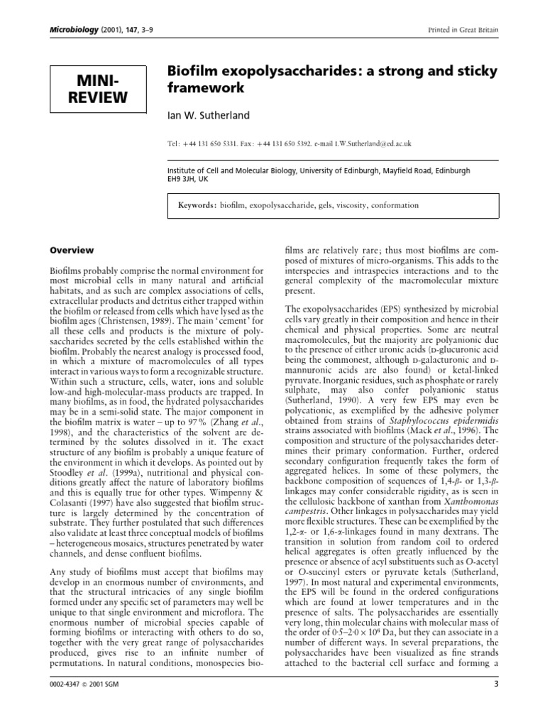 Sutherland. 2001. Biofilm exopolysaccharides A strong and sticky framework | PDF