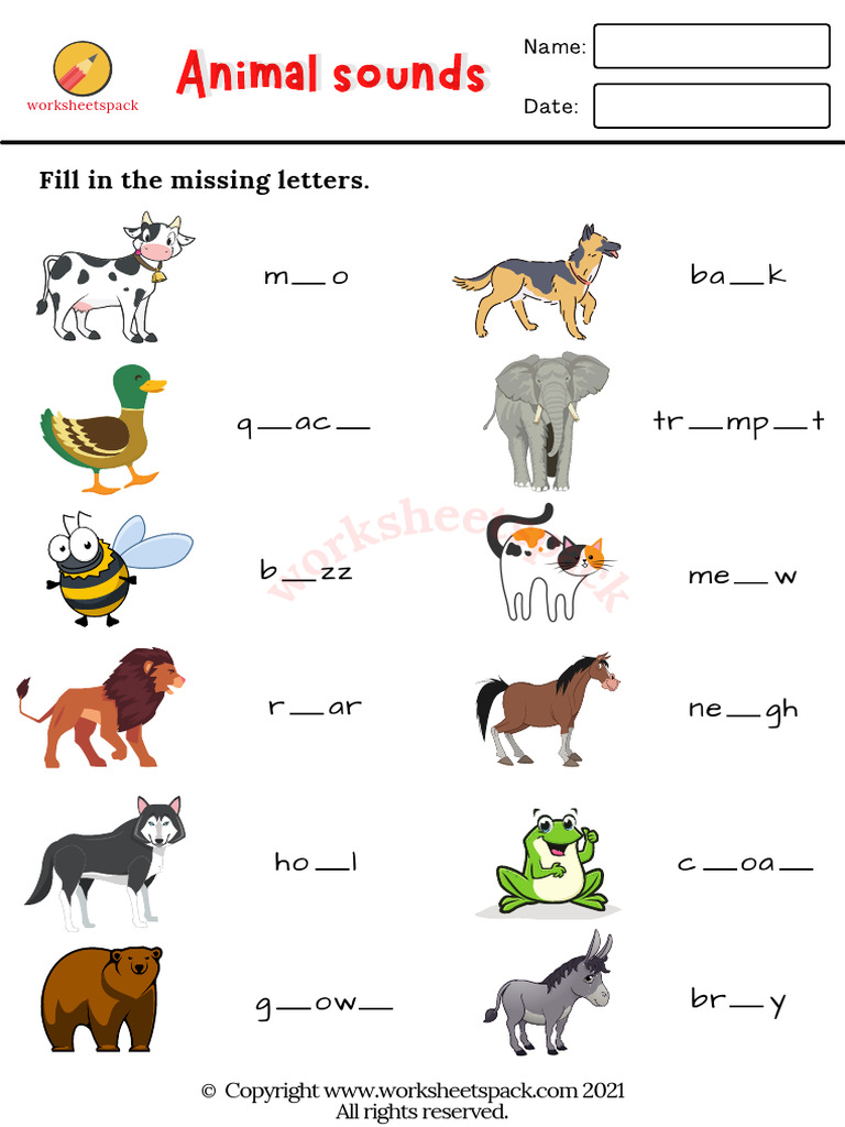 Animal Sounds Worksheets Fill in The Missing Letters | PDF