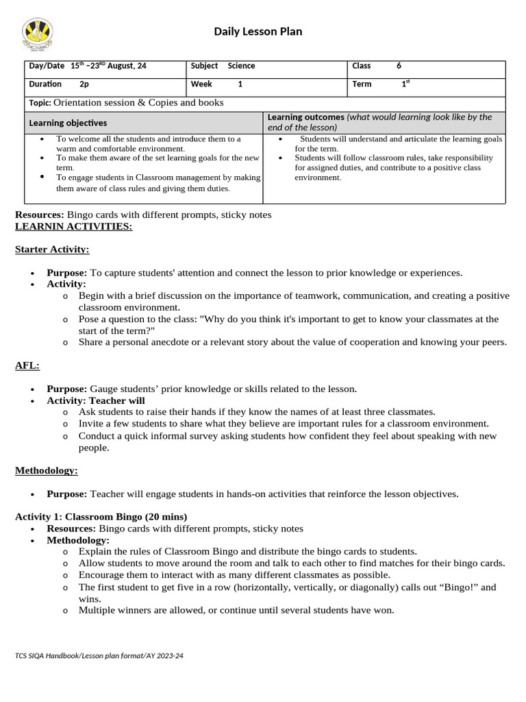 SCi Lesson Planning Week 1 Class 6 2 | PDF