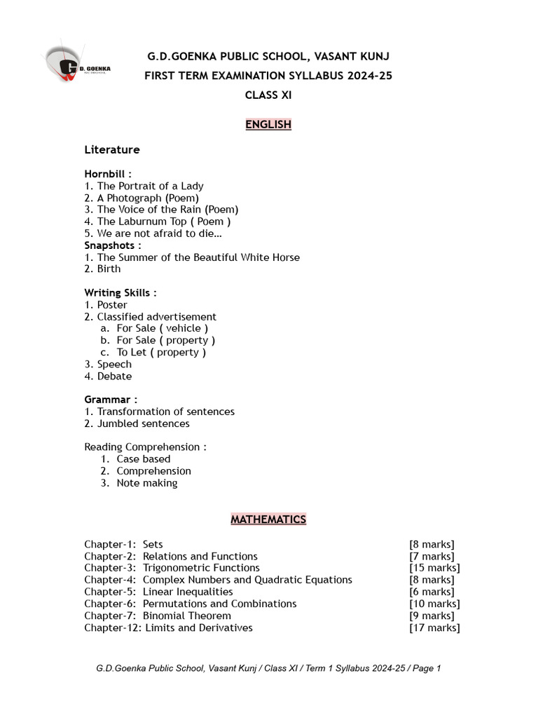 Class 11 First Term Syllabus (2024-25) | PDF