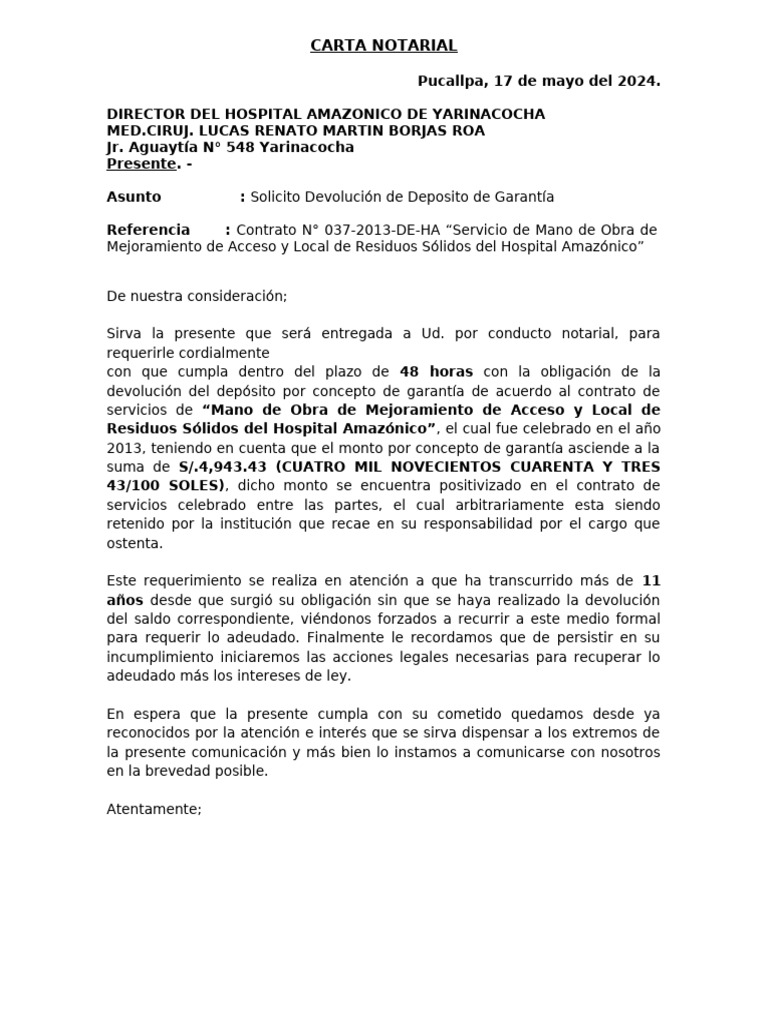 Carta Notarial Requeriendo El Pago | PDF