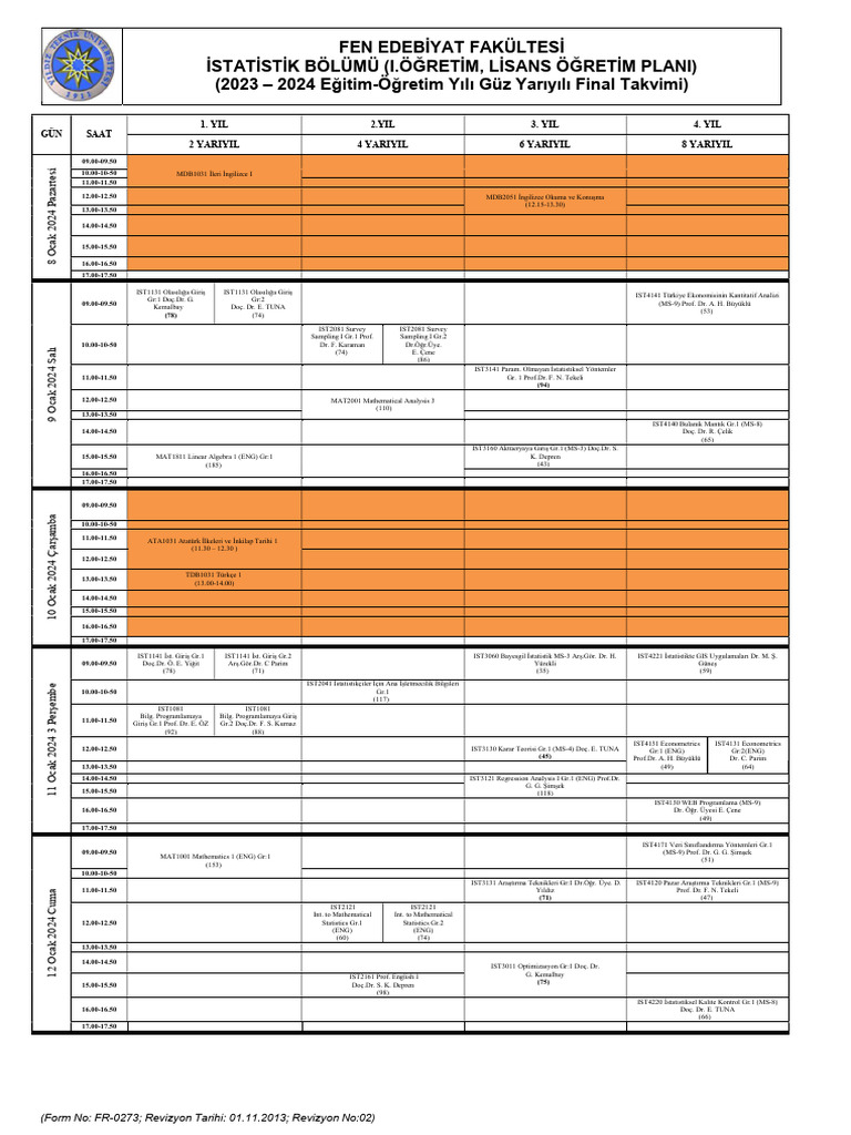2023 - 2024 Güz Yarıyılı İstatistik Lisans Final Taslak Programı | PDF