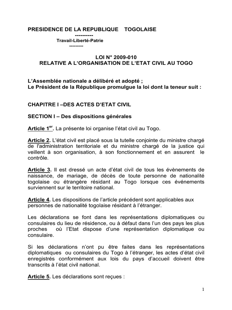 Loi Relative À Lorganisation de Letat Civil Au Togo - 2009 | PDF