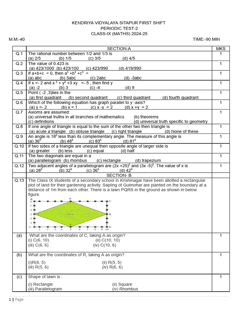 Ix Sample Paper Maths Pdf